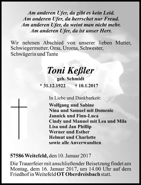 Traueranzeigen von Toni Keßler rz trauer de