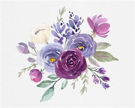 Plum Purple Lavender And White Flowers Individual Elements Hand