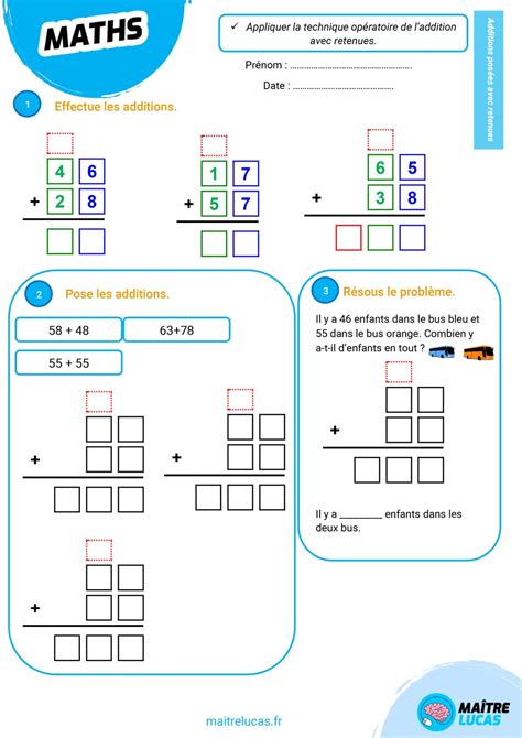 Exercices Additions Pos Es Avec Retenues Pour Cp Ce Ma Tre Lucas