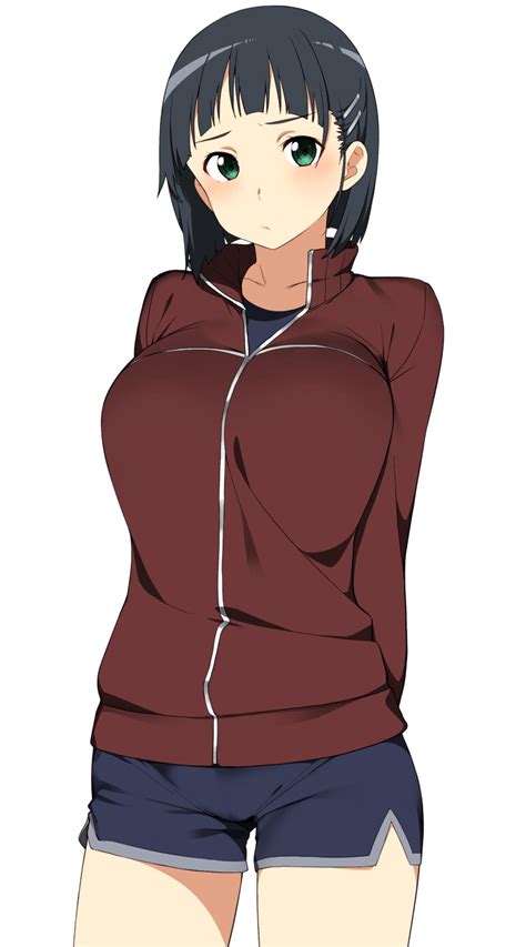 Safebooru 1girl Arms Behind Back Black Hair Blue Shorts Bob Cut Breasts Brown Jacket