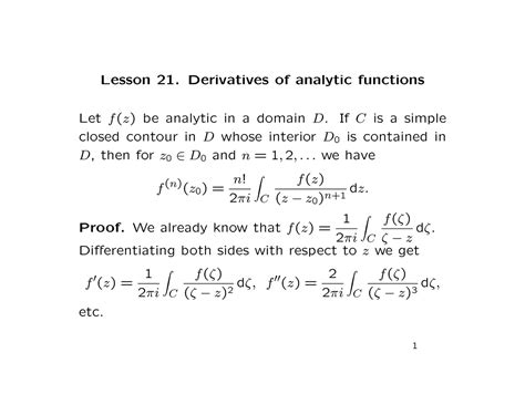 lecture 21 lesson 21 derivatives of analytic functions let f z be analytic in a domain d
