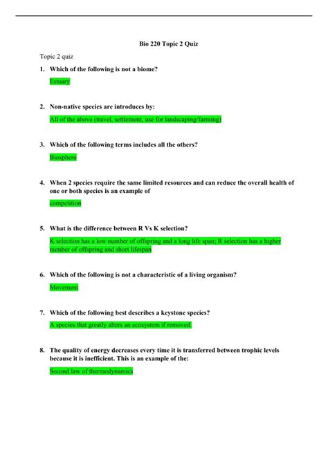BIO 220 Topic 2 Quiz BIO 220 ENVIRONMENTAL SCIENCE BIO220 Stuvia US