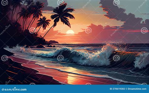 A Tropical Beach At Sunset With Palm Trees Swaying In The Breeze And