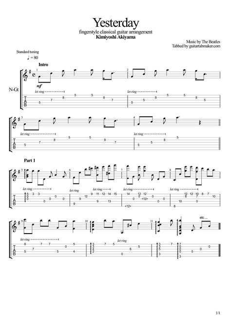 Yesterday Classical Guitar TAB Guitar Tabs Beatles Guitar