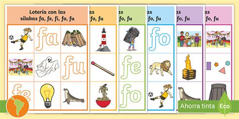 Lotería con las sílabas fa fe fi fo fu
