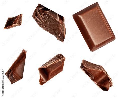 Levitating Milk Chocolate Chunks Isolated On White Background Flying