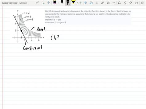 solved identify the constraint and level curves of the objective function shown in the figure