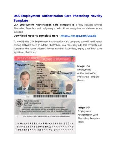 Usa Employment Authorization Card Photoshop Novelty Template By