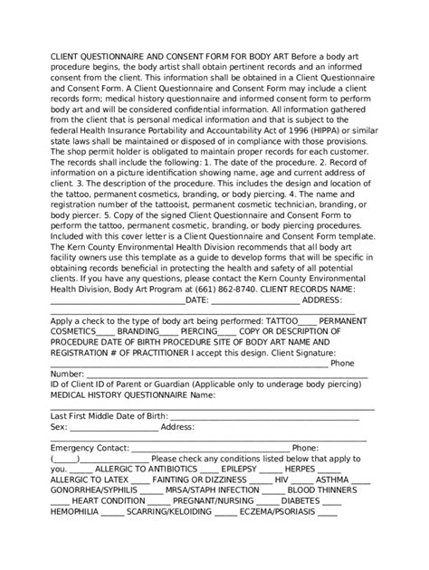 Client Questionnare And Consent For Body Art Edit Doc Template