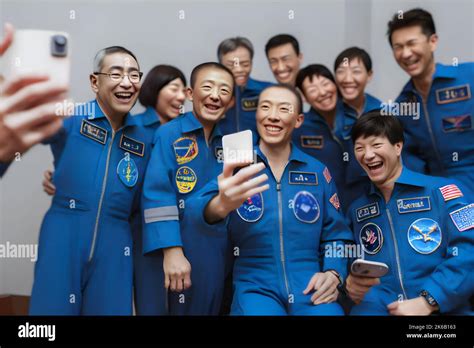 Group Selfie Photo Of Chinese Astronauts In Spacesuits Preparing For A
