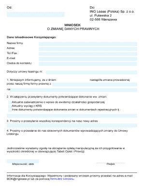 Fillable Online Inglease WNIOSEK O ZMIAN DANYCH PRAWNYCH ING Lease