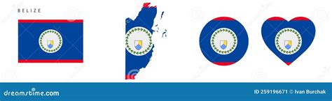 Belize Flag In Different Shapes Icon Set Flat Vector Illustration