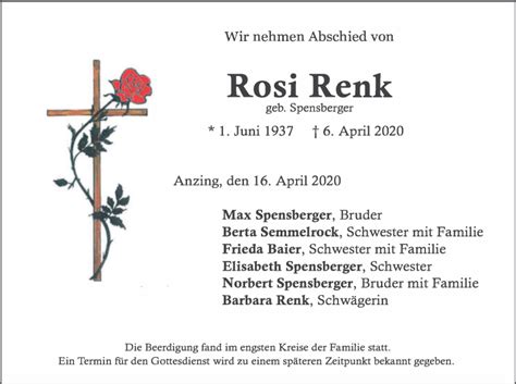 Traueranzeigen Von Rosi Renk Trauer Merkur De