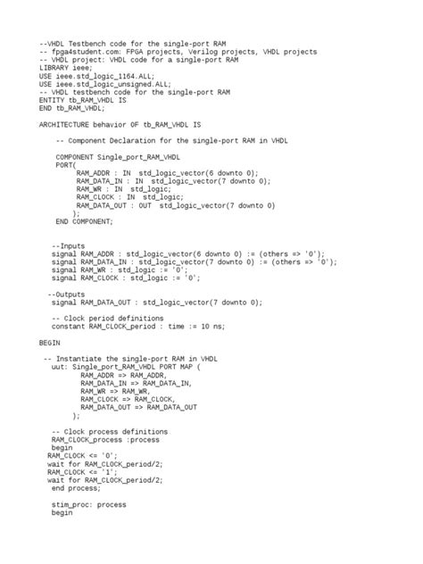 vhdl testbench code for the single port ram pdf