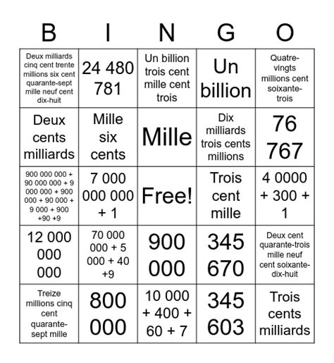 Les Grands Nombres Bingo Card
