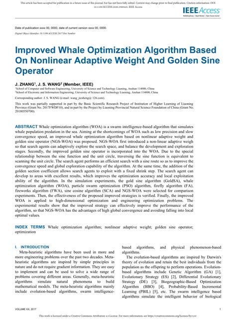 pdf improved whale optimization algorithm based on nonlinear adaptive weight and golden sine