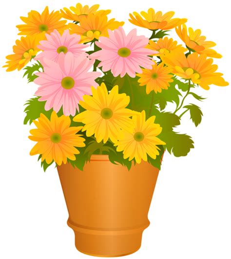 A Potted Plant With Yellow And Pink Daisies In It On A White Background
