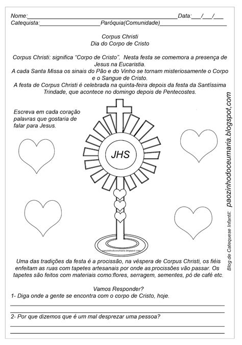 Pãozinho do Céu Corpus Christi Atividades para encontro de catequese