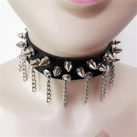 Fashion Sexy Harajuku Handmade Black Genuie Leather Choker Necklace Belt Chains And Spikes