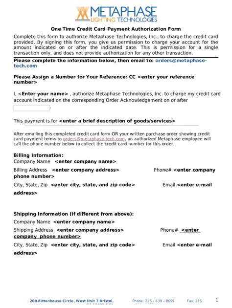 One Time Credit Card Payment Authorization Metaphase Doc Template