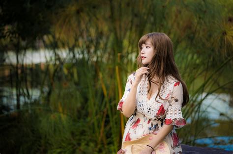 Wallpaper Asian Model Long Hair Brunette Depth Of Field Plants Dress Looking Away
