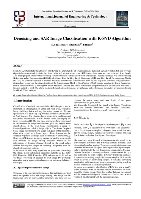 pdf denoising and sar image classification with k svd algorithm