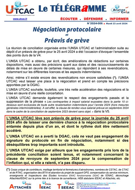 Négociation protocolaire et préavis de grève UNSA UTCAC