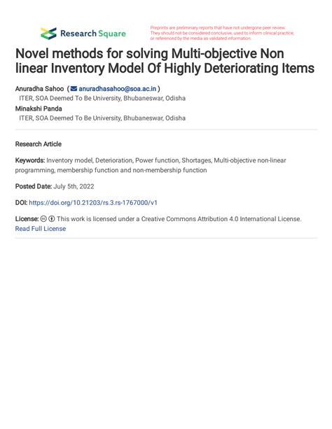 pdf novel methods for solving multi objective non linear inventory model of highly