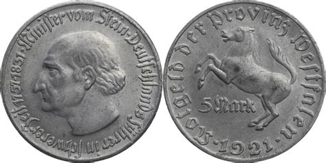 Provinz Westfalen 5 Mark 1921 Freiherr Von Stein Vz Kratzer MA Shops