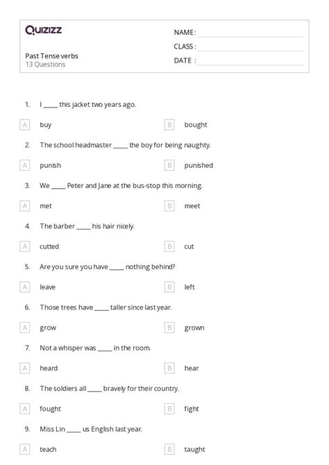 50 Past Tense Verbs Worksheets For 4th Class On Quizizz Free Printable