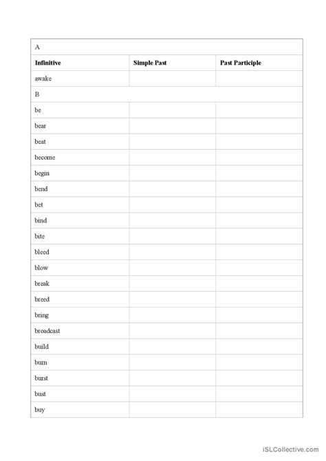 Blank Irregular Verb Chart 8 Pages Français FLE fiches pedagogiques
