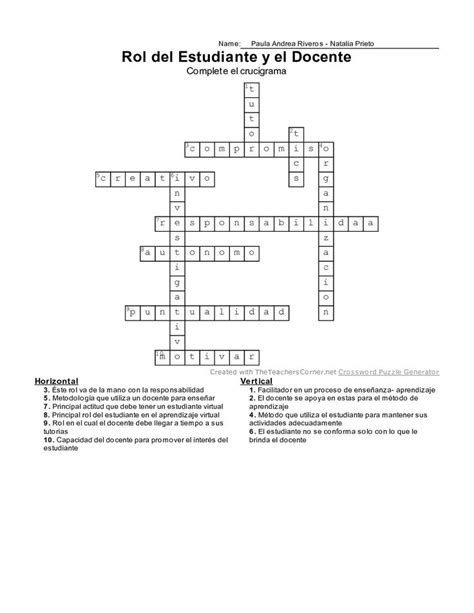 Crucigrama Rol Tutor Y Docente Interactive Tutor Reading