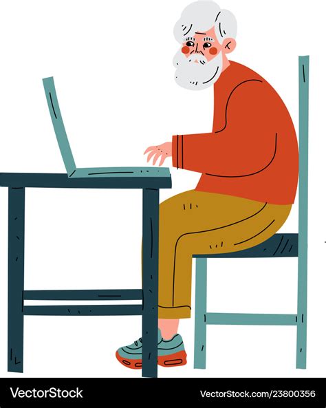 Elderly Man Working With Laptop Computer Bearded Vector Image
