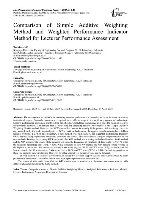 pdf comparison of simple additive weighting method and weighted performance indicator method