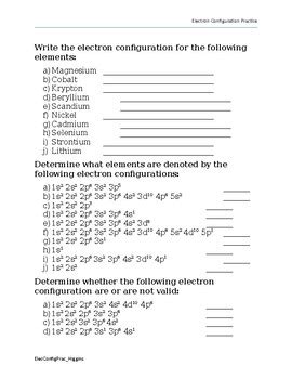 Electron Configuration Worksheet 1 Answers