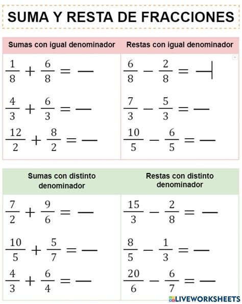 Suma Y Resta De Fracciones Online Worksheet For En Resta De