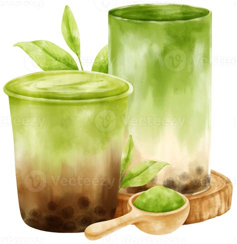 Matcha Latte Milk Tea With Bubble Composition Watercolor 9660128 PNG
