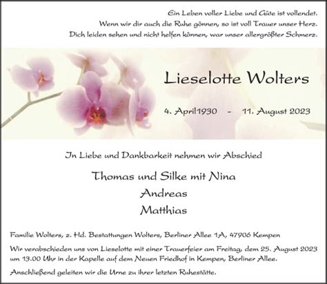 Alle Traueranzeigen für Lieselotte Wolters trauer rp online de