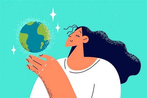 Premium Vector Smiling Woman Holding Planet Earth In Hands