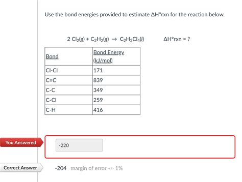 Solved Use the bond energies provided to estimate ΔH rxn Chegg