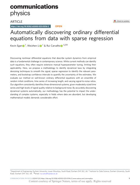 pdf automatically discovering ordinary differential equations from data with sparse regression