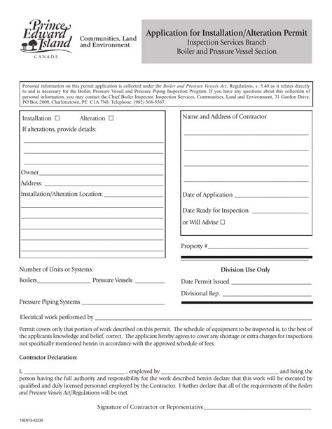Prince Edward Island Canada Application For Installation Alteration