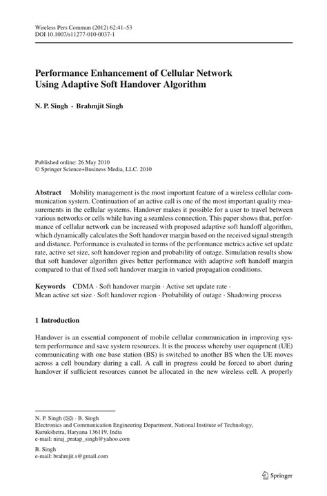 pdf performance enhancement of cellular network using adaptive soft handover algorithm