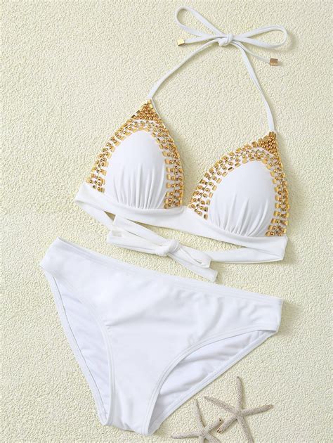 53 OFF Padded Beaded Halter Bikini Rosegal