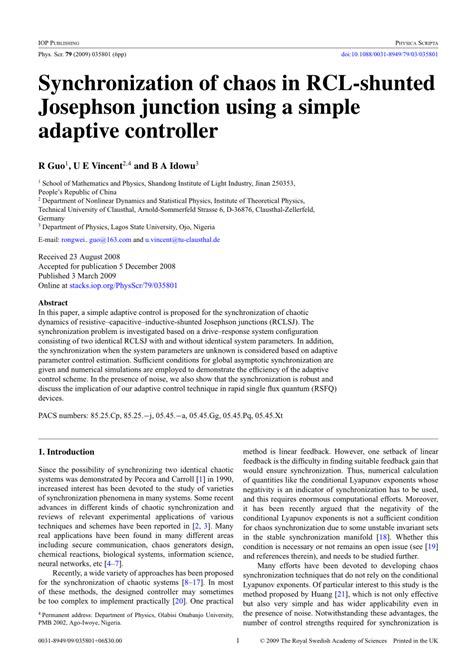 pdf synchronization of chaos in rcl shunted josephson junction using a simple adaptive controller