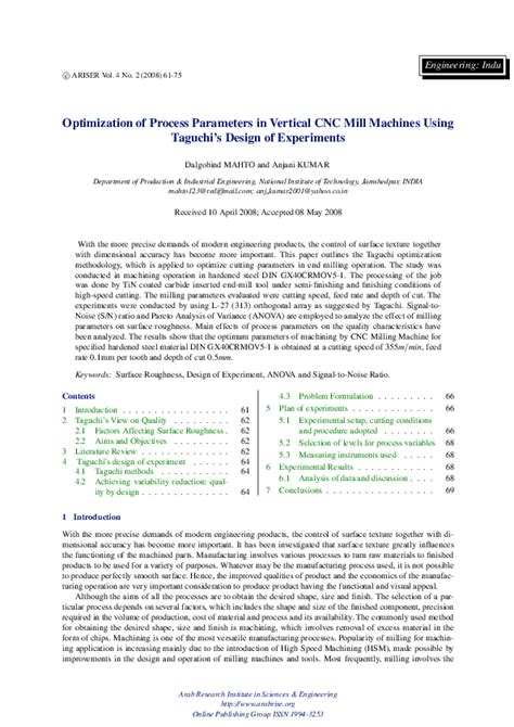 pdf optimization of process parameters in vertical cnc mill machines using taguchi s design of