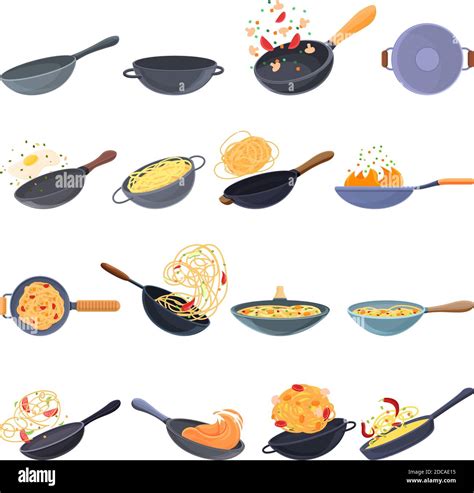 Wok Frying Pan Icons Set Cartoon Set Of Wok Frying Pan Vector Icons