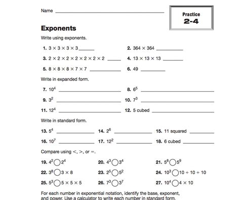 evaluating expressions with exponents worksheets