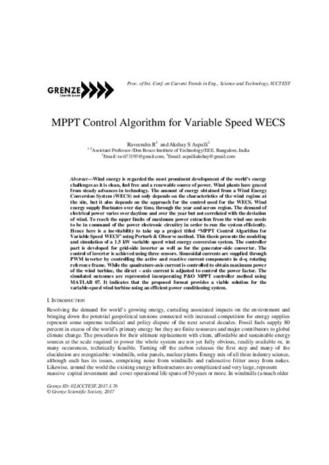pdf mppt control algorithm for variable speed wecs akshay aspalli
