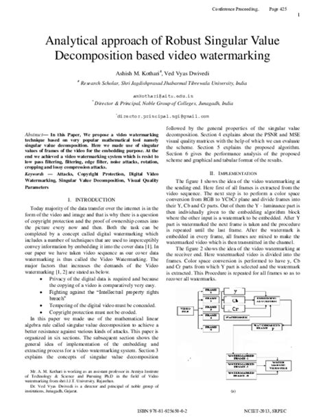 pdf analytical approach of robust singular value decomposition based video watermarking am